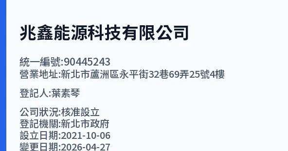 兆鑫能源科技有限公司的照片-統編 90445243(新北市) 公司登記資料與營業項目詳細圖表