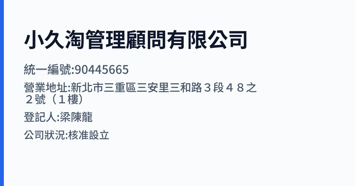 小久淘管理顧問有限公司 - 統編 90445665(新北市) 公司登記資料與營業項目詳細圖表