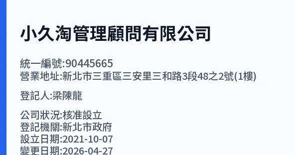 小久淘管理顧問有限公司的照片-統編 90445665(新北市) 公司登記資料與營業項目詳細圖表