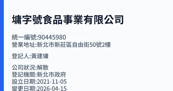 墉字號食品事業有限公司的照片-統編 90445980(新北市) 公司登記資料與營業項目詳細圖表