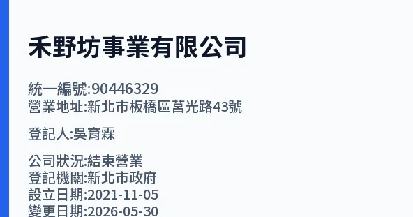禾野坊事業有限公司的照片-統編 90446329(新北市) 公司登記資料與營業項目詳細圖表