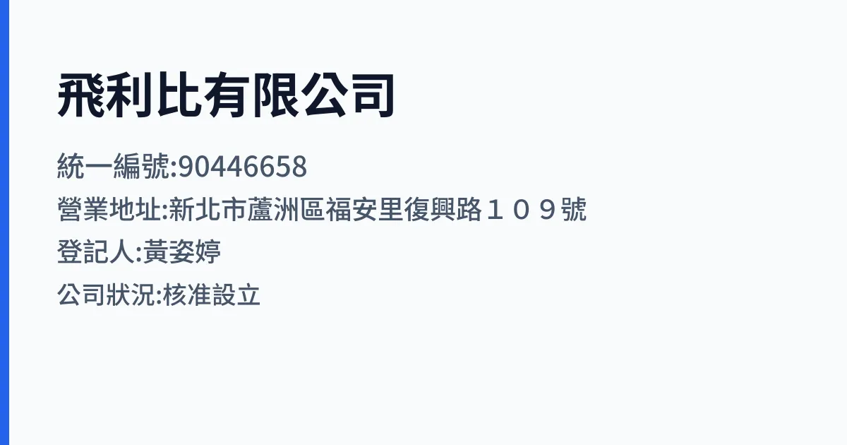 飛利比有限公司 - 統編 90446658(新北市) 公司登記資料與營業項目詳細圖表