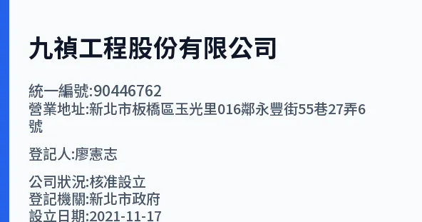 九禎工程股份有限公司的照片-統編 90446762(新北市) 公司登記資料與營業項目詳細圖表