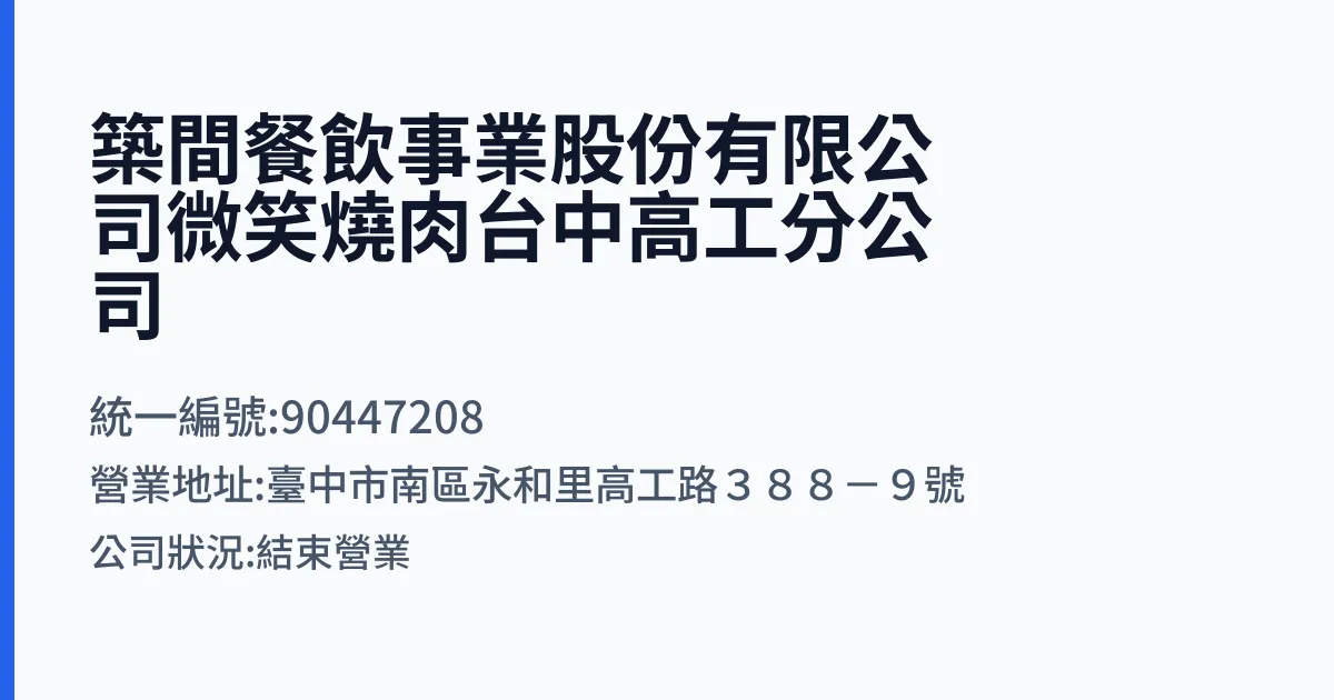 築間餐飲事業股份有限公司微笑燒肉台中高工分公司 - 統編 90447208(臺中市) 公司登記資料與營業項目詳細圖表