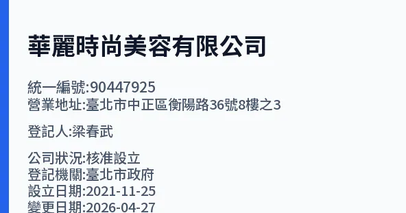 華麗時尚美容有限公司的照片-統編 90447925(臺北市) 公司登記資料與營業項目詳細圖表