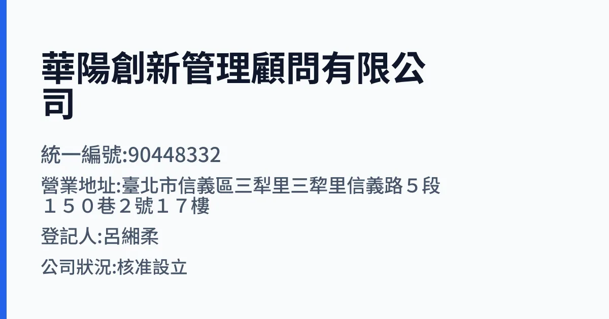 華陽創新管理顧問有限公司 - 統編 90448332(臺北市) 公司登記資料與營業項目詳細圖表