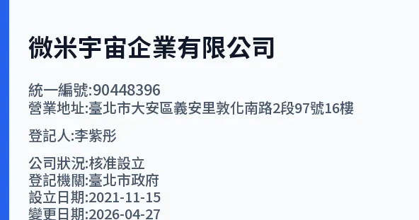 微米宇宙企業有限公司的照片-統編 90448396(臺北市) 公司登記資料與營業項目詳細圖表