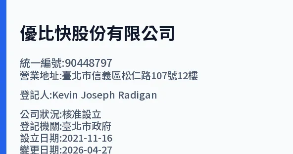 優比快股份有限公司的照片-統編 90448797(臺北市) 公司登記資料與營業項目詳細圖表