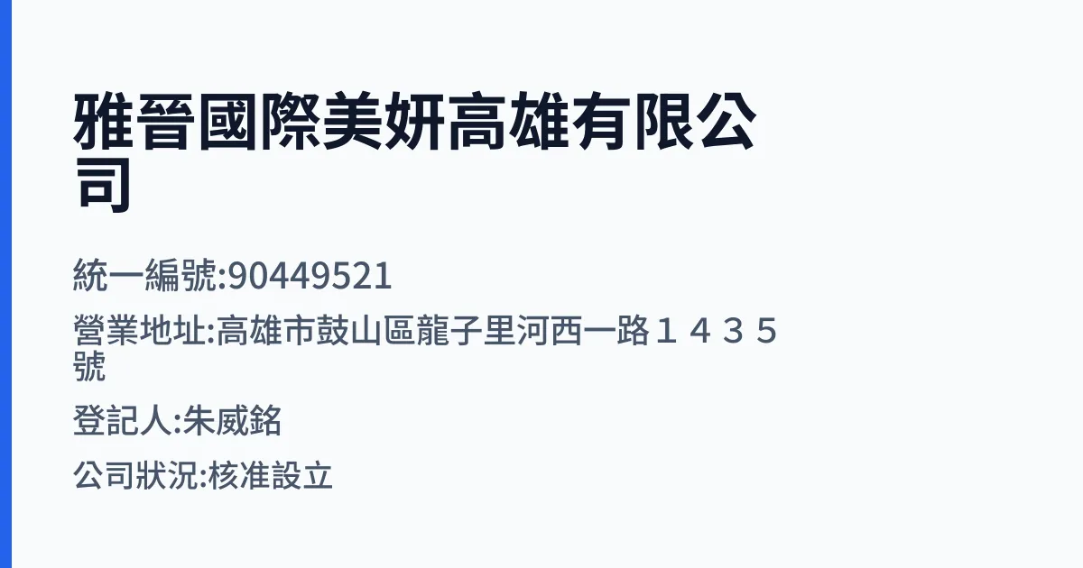 雅晉國際美妍高雄有限公司 - 統編 90449521(高雄市) 公司登記資料與營業項目詳細圖表