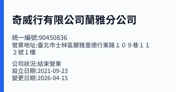 奇威行有限公司蘭雅分公司的照片-統編 90450836(臺北市) 公司登記資料與營業項目詳細圖表