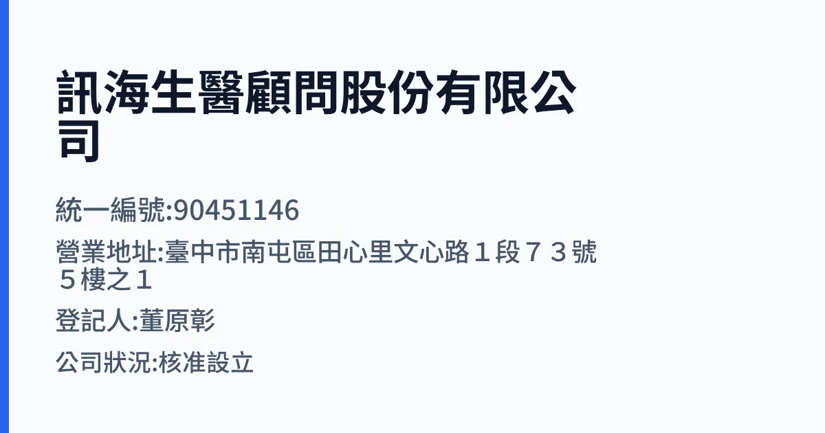 訊海生醫顧問股份有限公司 - 統編 90451146(臺中市) 公司登記資料與營業項目詳細圖表
