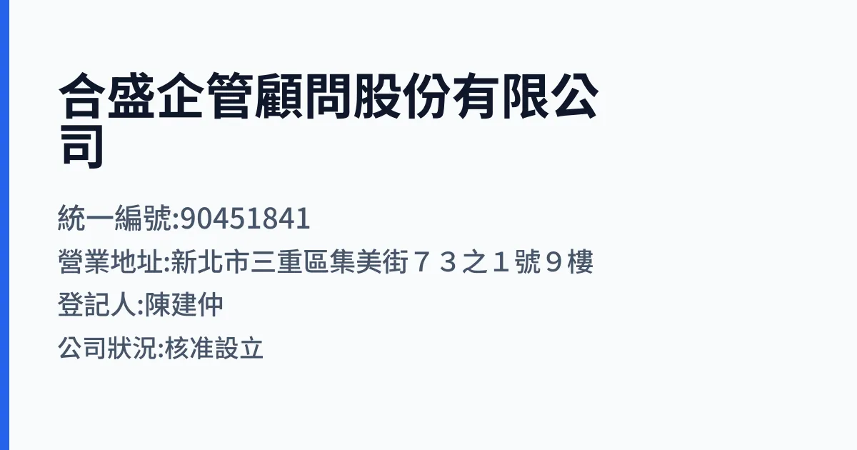 合盛企管顧問股份有限公司 - 統編 90451841(新北市) 公司登記資料與營業項目詳細圖表