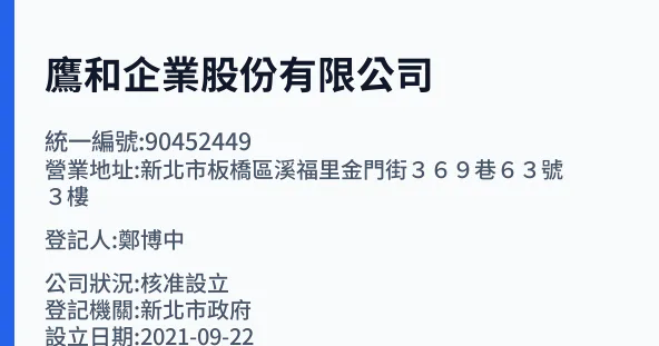 鷹和企業股份有限公司的照片-統編 90452449(新北市) 公司登記資料與營業項目詳細圖表