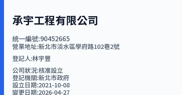 承宇工程有限公司的照片-統編 90452665(新北市) 公司登記資料與營業項目詳細圖表