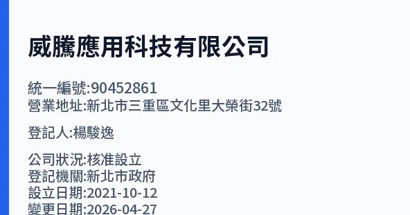 威騰應用科技有限公司的照片-統編 90452861(新北市) 公司登記資料與營業項目詳細圖表
