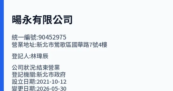 暘永有限公司的照片-統編 90452975(新北市) 公司登記資料與營業項目詳細圖表