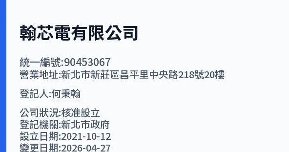 翰芯電有限公司的照片-統編 90453067(新北市) 公司登記資料與營業項目詳細圖表