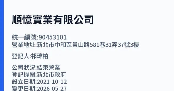 順憶實業有限公司的照片-統編 90453101(新北市) 公司登記資料與營業項目詳細圖表