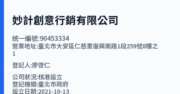 妙計創意行銷有限公司的照片-統編 90453334(臺北市) 公司登記資料與營業項目詳細圖表