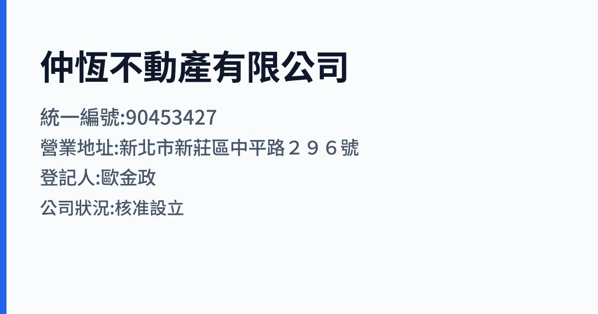 仲恆不動產有限公司 - 統編 90453427(新北市) 公司登記資料與營業項目詳細圖表