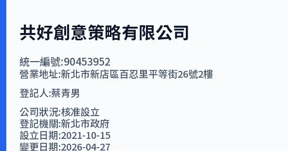 共好創意策略有限公司的照片-統編 90453952(新北市) 公司登記資料與營業項目詳細圖表