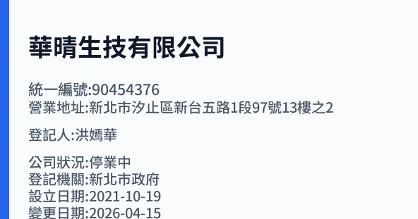 華晴生技有限公司的照片-統編 90454376(新北市) 公司登記資料與營業項目詳細圖表