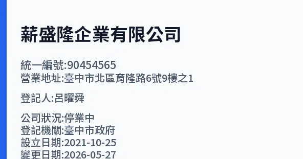 薪盛隆企業有限公司的照片-統編 90454565(臺中市) 公司登記資料與營業項目詳細圖表