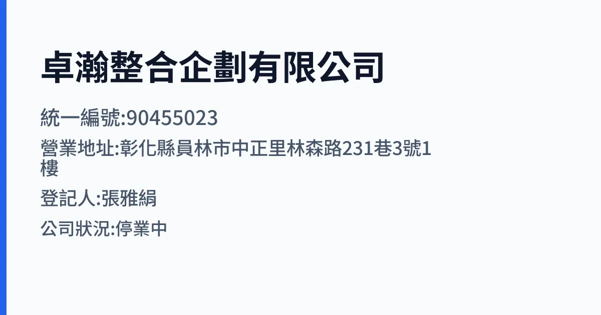 卓瀚整合企劃有限公司 - 統編 90455023(彰化縣) 公司登記資料與營業項目詳細圖表