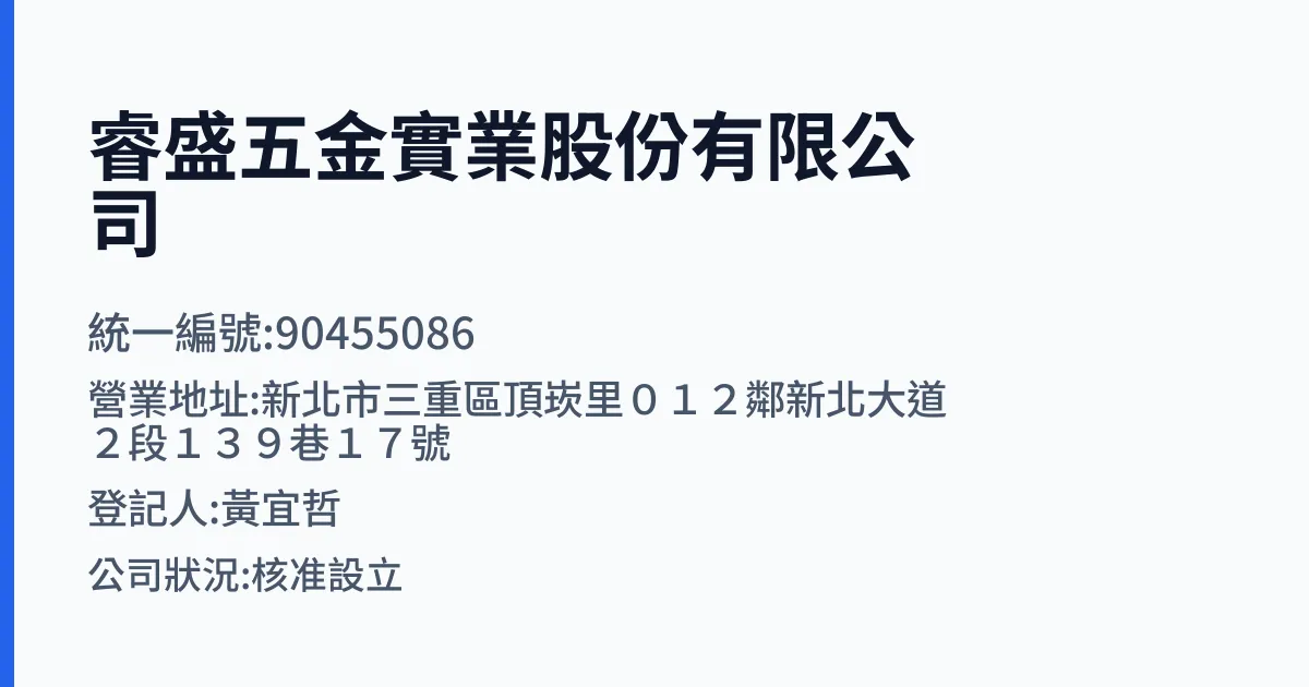 睿盛五金實業股份有限公司 - 統編 90455086(臺中市) 公司登記資料與營業項目詳細圖表