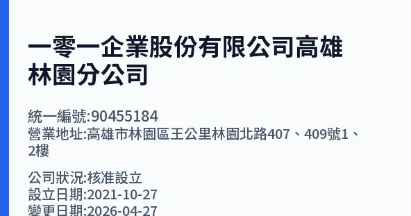 一零一企業股份有限公司高雄林園分公司的照片-統編 90455184(高雄市) 公司登記資料與營業項目詳細圖表