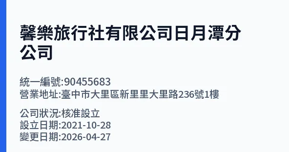 馨樂旅行社有限公司日月潭分公司的照片-統編 90455683(臺中市) 公司登記資料與營業項目詳細圖表