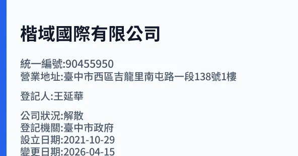 楷域國際有限公司的照片-統編 90455950(臺中市) 公司登記資料與營業項目詳細圖表