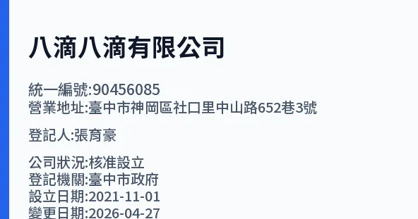 八滴八滴有限公司的照片-統編 90456085(臺中市) 公司登記資料與營業項目詳細圖表
