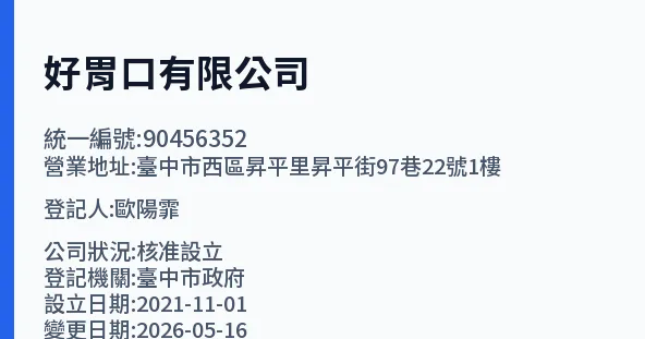 好胃口有限公司的照片-統編 90456352(臺中市) 公司登記資料與營業項目詳細圖表