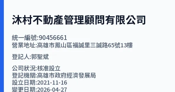沐村不動產管理顧問有限公司的照片-統編 90456661(高雄市) 公司登記資料與營業項目詳細圖表