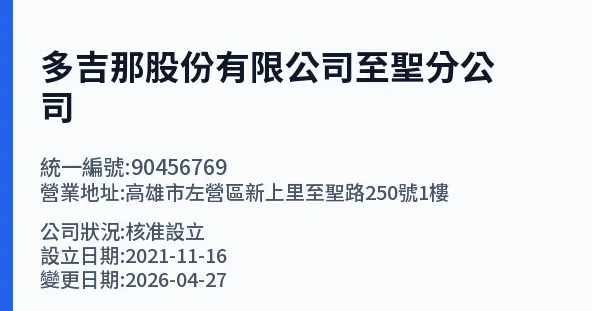 多吉那股份有限公司至聖分公司的照片-統編 90456769(高雄市) 公司登記資料與營業項目詳細圖表
