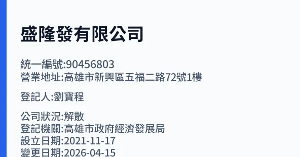 盛隆發有限公司的照片-統編 90456803(高雄市) 公司登記資料與營業項目詳細圖表