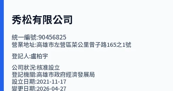 秀松有限公司的照片-統編 90456825(高雄市) 公司登記資料與營業項目詳細圖表