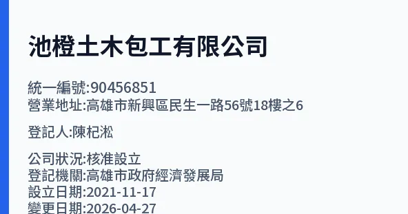 池橙土木包工有限公司的照片-統編 90456851(高雄市) 公司登記資料與營業項目詳細圖表