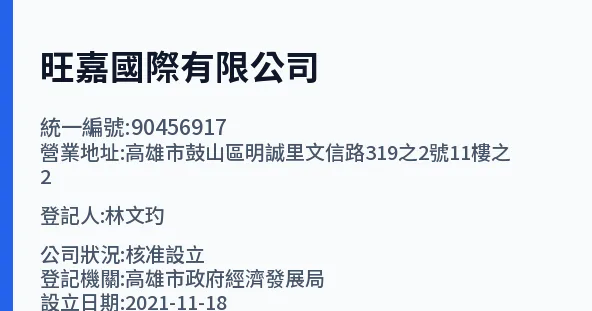 旺嘉國際有限公司的照片-統編 90456917(高雄市) 公司登記資料與營業項目詳細圖表