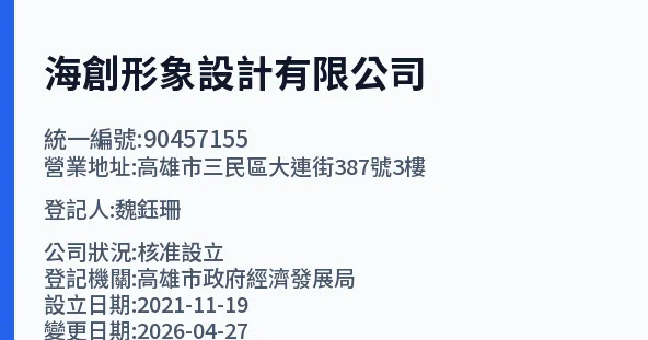 海創形象設計有限公司的照片-統編 90457155(高雄市) 公司登記資料與營業項目詳細圖表