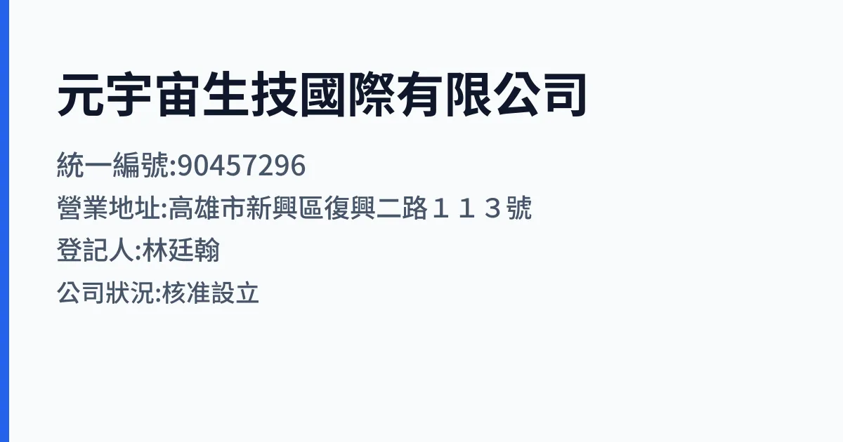 元宇宙生技國際有限公司 - 統編 90457296(高雄市) 公司登記資料與營業項目詳細圖表