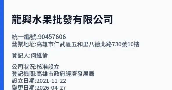龍興水果批發有限公司的照片-統編 90457606(高雄市) 公司登記資料與營業項目詳細圖表