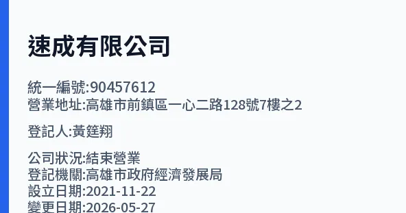 速成有限公司的照片-統編 90457612(高雄市) 公司登記資料與營業項目詳細圖表