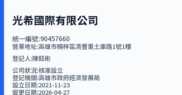 光希國際有限公司的照片-統編 90457660(高雄市) 公司登記資料與營業項目詳細圖表