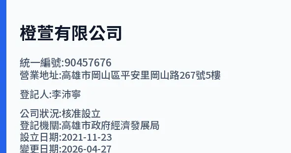 橙萱有限公司的照片-統編 90457676(高雄市) 公司登記資料與營業項目詳細圖表