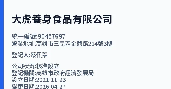 大虎養身食品有限公司的照片-統編 90457697(高雄市) 公司登記資料與營業項目詳細圖表