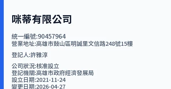 咪蒂有限公司的照片-統編 90457964(高雄市) 公司登記資料與營業項目詳細圖表