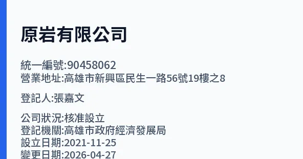 原岩有限公司的照片-統編 90458062(高雄市) 公司登記資料與營業項目詳細圖表