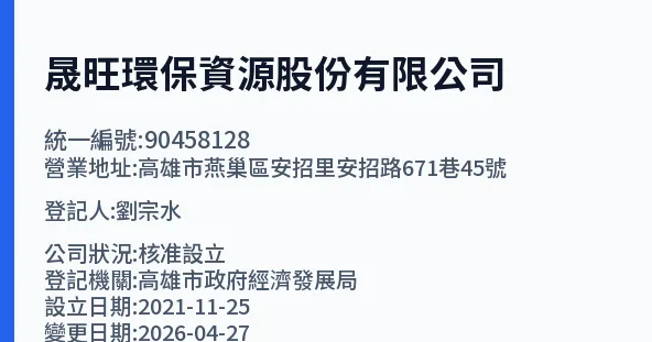 晟旺環保資源股份有限公司的照片-統編 90458128(高雄市) 公司登記資料與營業項目詳細圖表